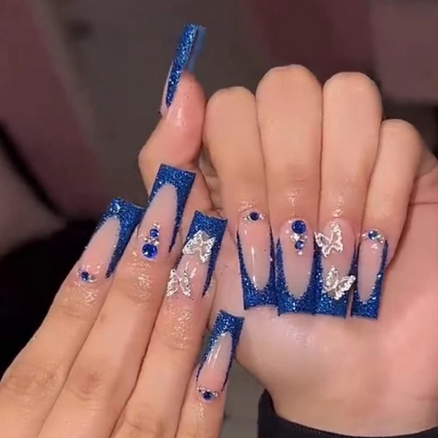 Royal Blue Nails With Rhinestones