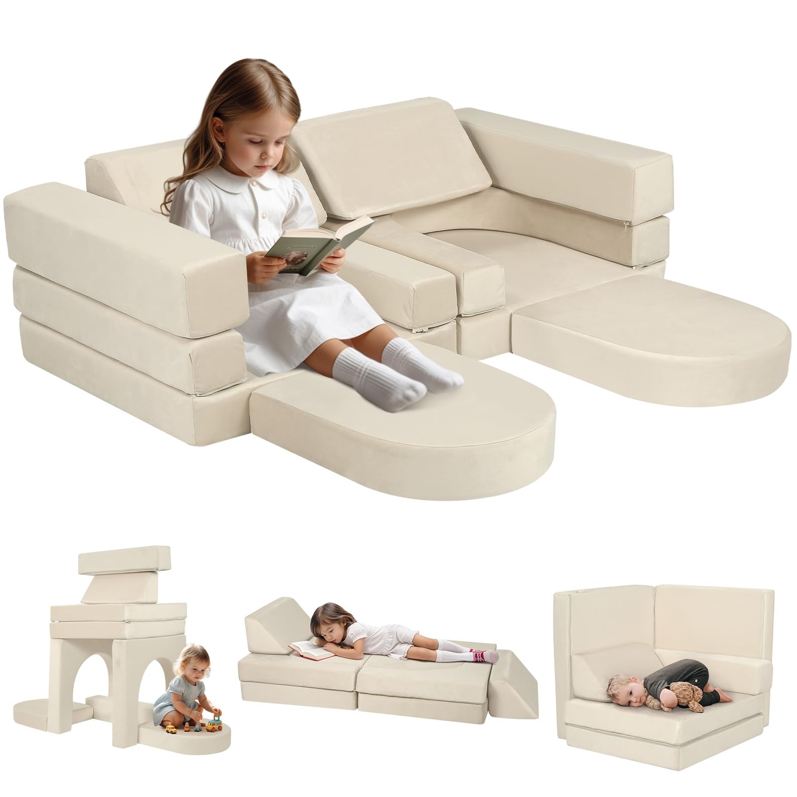 MeMoreCool 10-Pieces Kids Play Sofa Bed, Modular Toddler Chair Couch ...