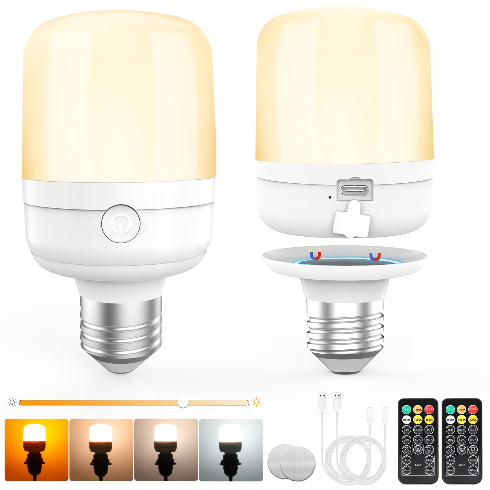 Ufanore Bombillas LED E26, Paquete de 2 Focos Recargables Regulables ...