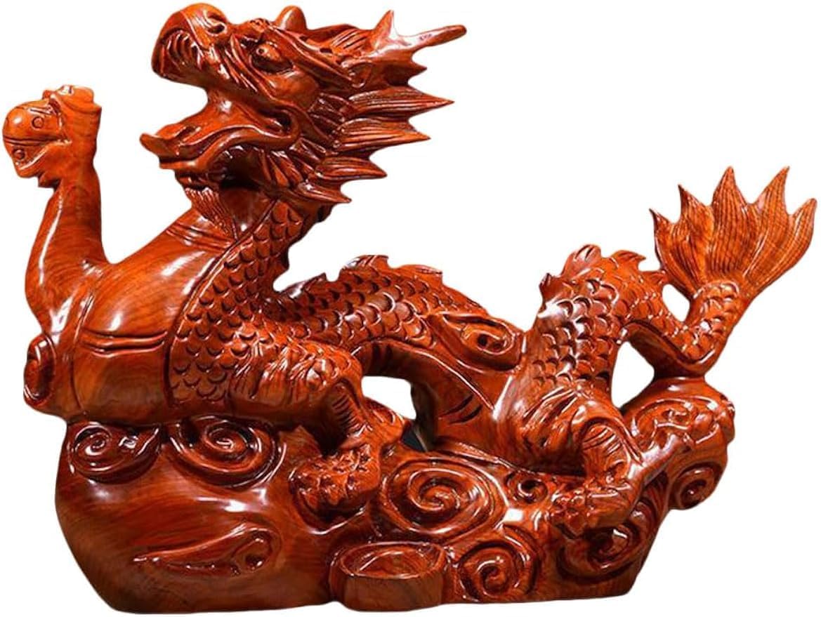 Amazon.com: RCFINE Dragon Statue Small Wooden Chinese Feng Shui Dragon ...