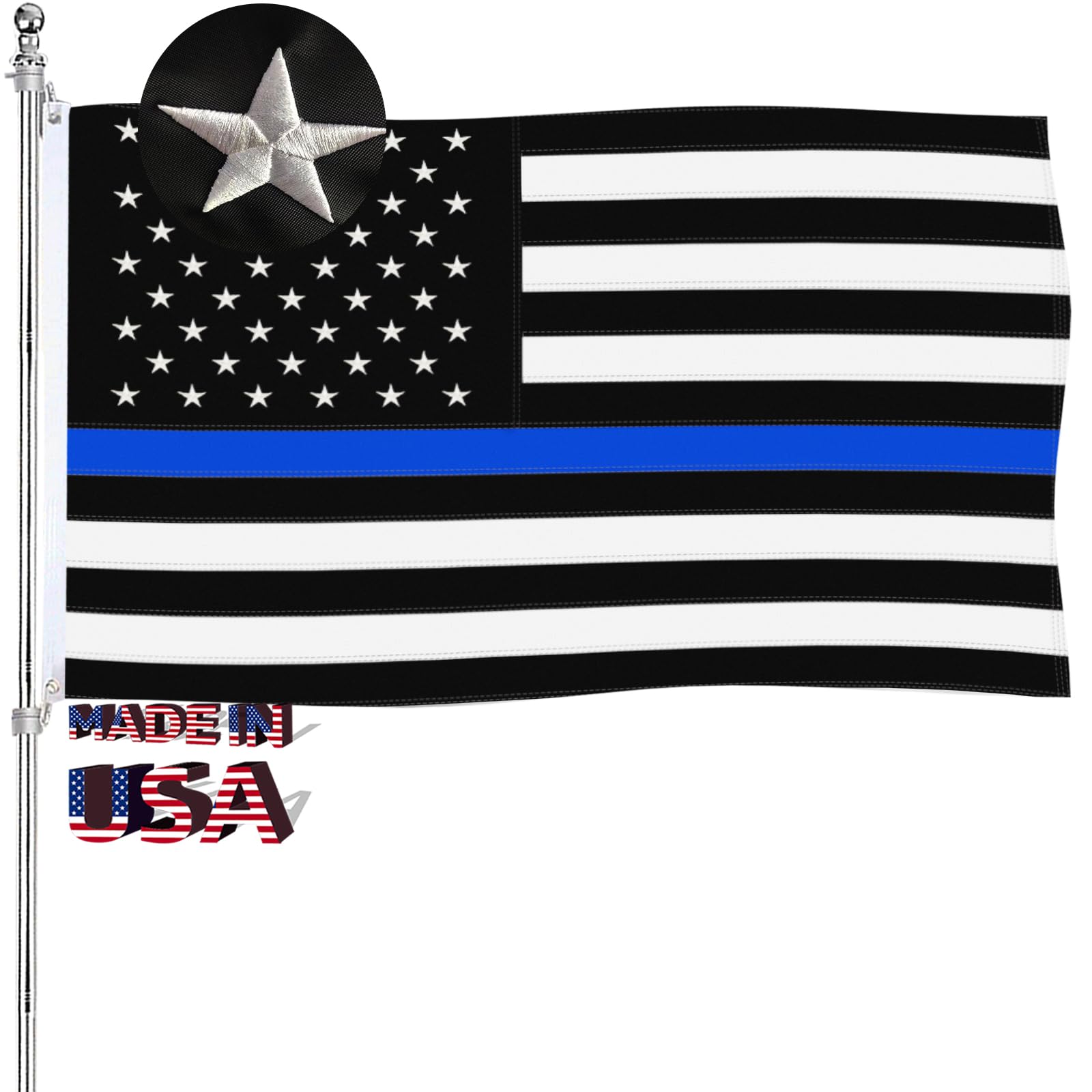 Amazon.com : Thin Blue Line Police Flag Embroidered 3x5 Outdoor Heavy ...
