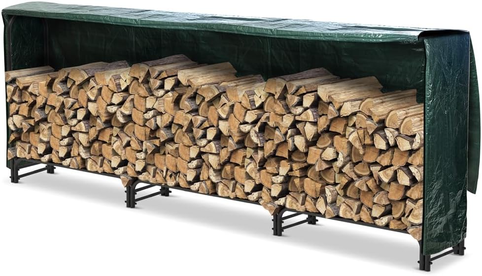 VOUNOT Firewood Log Rack with Waterproof Cover, Metal Log Store Outdoor ...