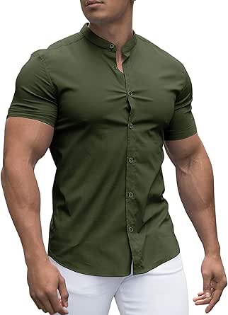URRU Men's Muscle Dress Shirts Slim Fit Stretch Banded Collar Short Sleeve Casual Button Down ...