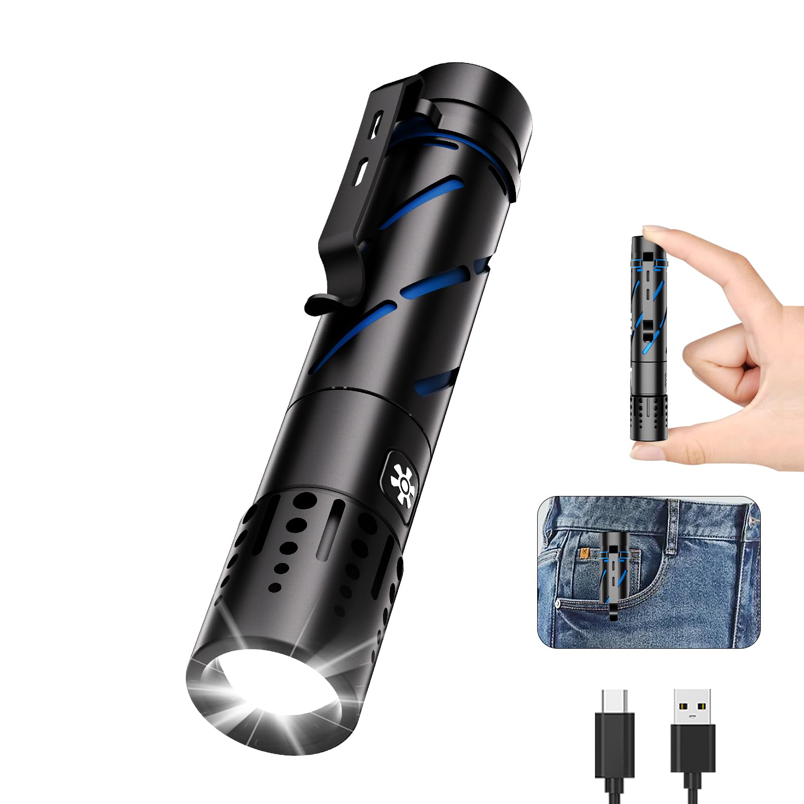 Rechargeable Flashlight with Long Beam and Belt Clip Small Flashlight ...