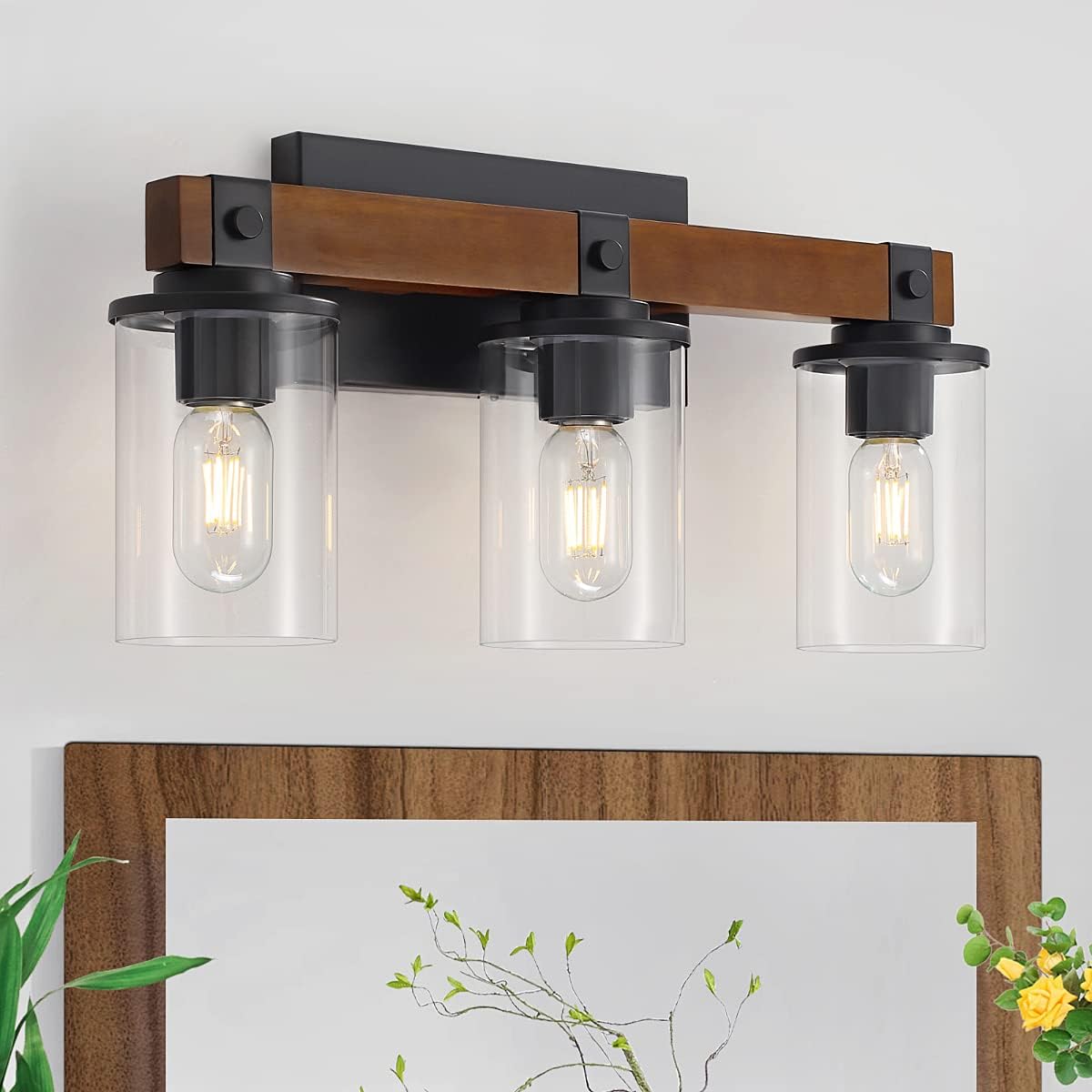 3-Light Farmhouse Bathroom Light Rustic Wood Vanity Lights with Clear ...