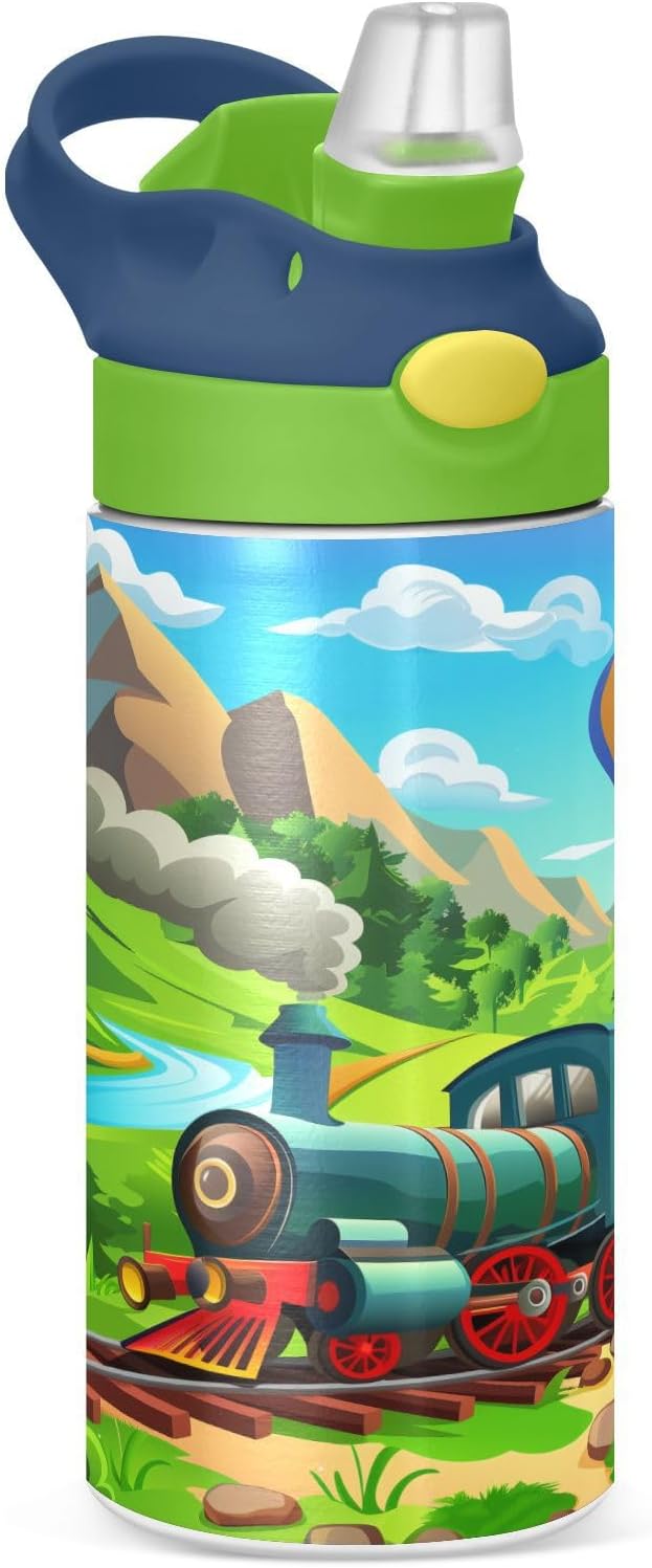 Amazon.com: Cartoon Train Mountain Kids Boys Water Bottle with Straw ...
