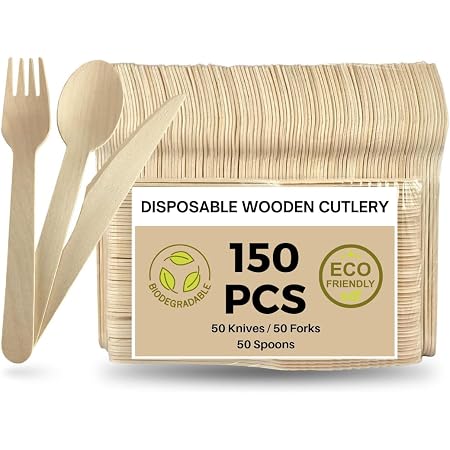 Ask Packaging 150pcs Disposable Wooden Cutlery Set | 50x Forks, 50x ...