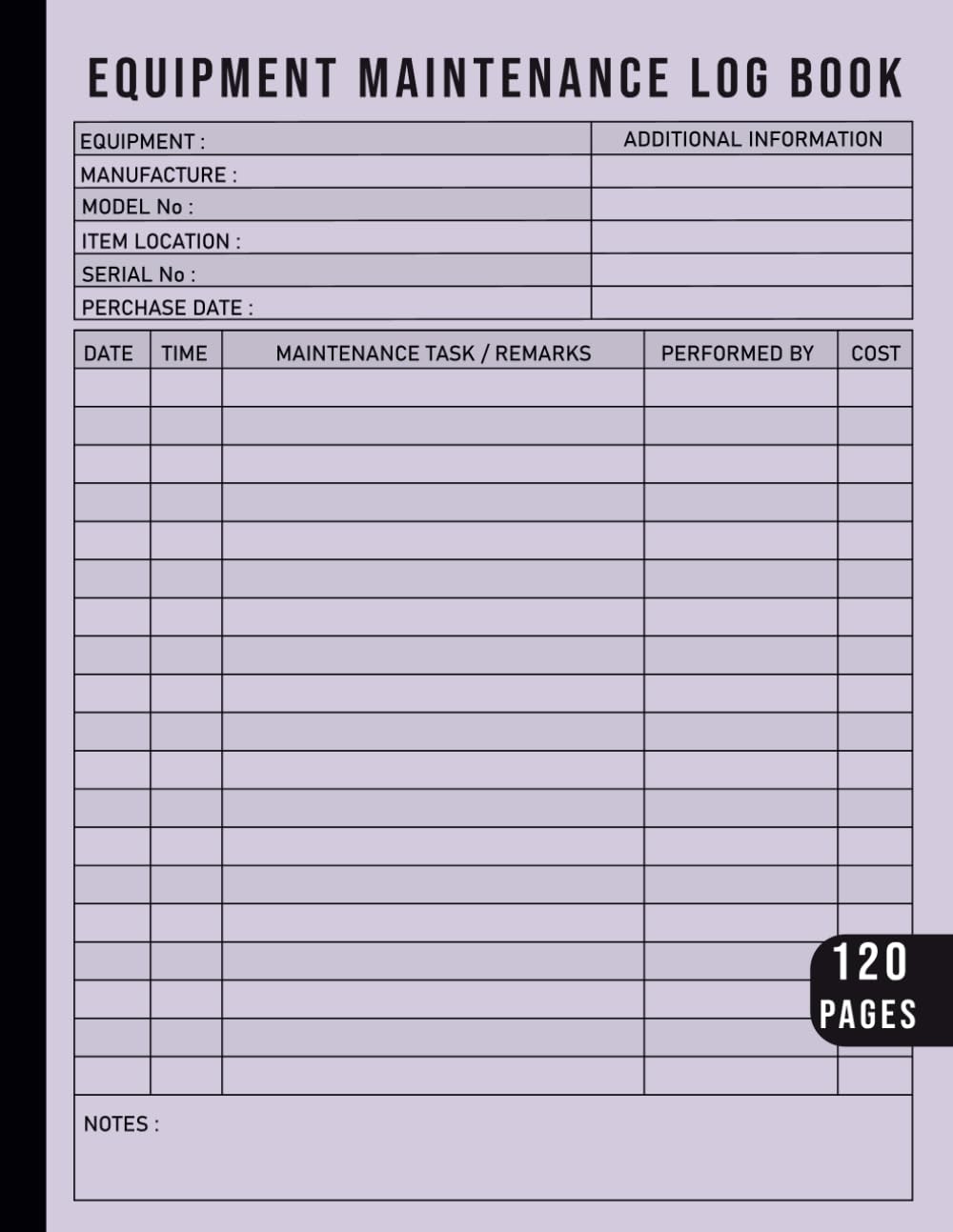 Equipment Maintenance Log Book: Daily Equipment Repairs and Preventive ...
