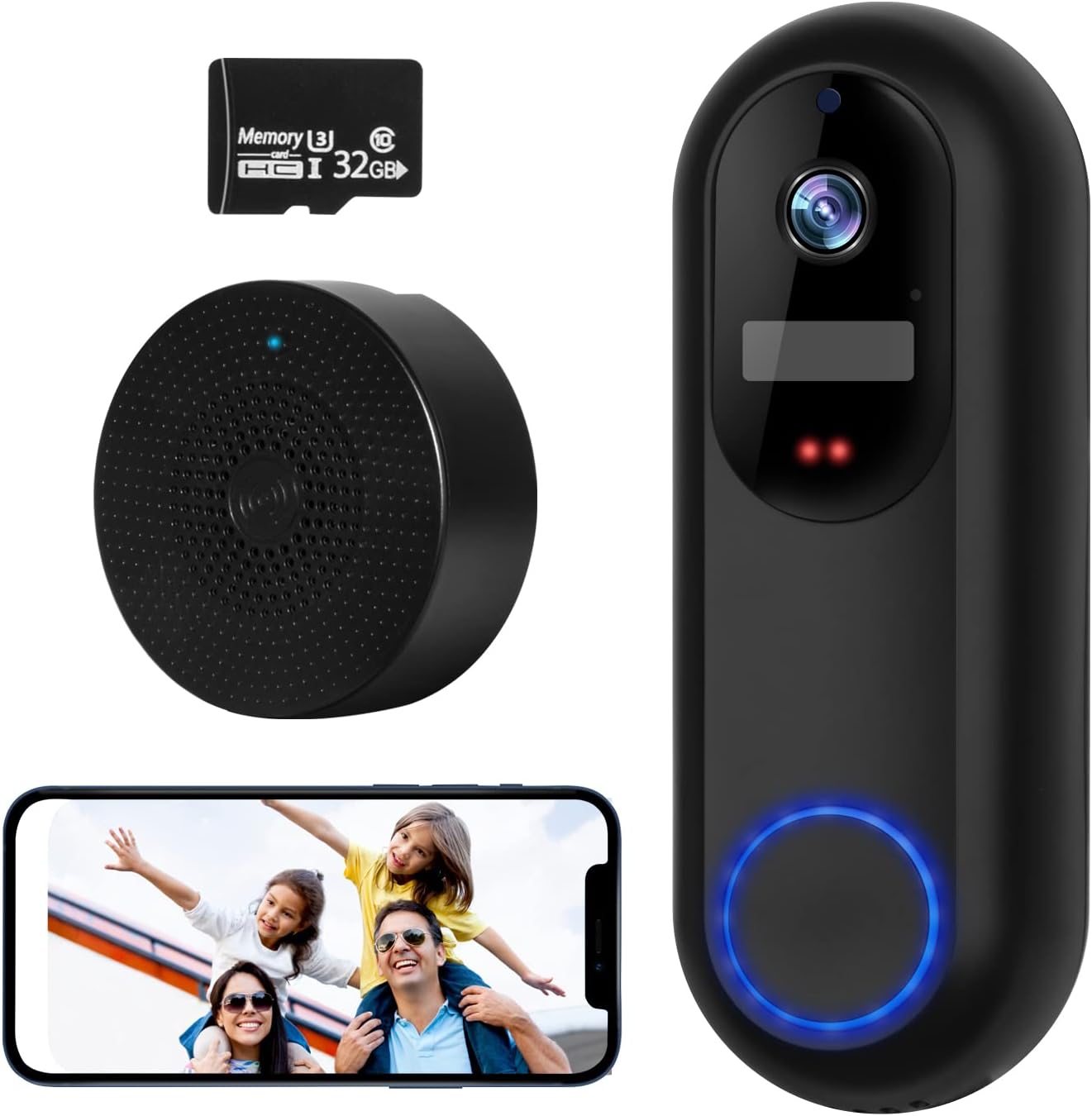 Sonnette sans Fil avec Camera avec Carte SD 32GO, UCOCARE 2K Sonette ...
