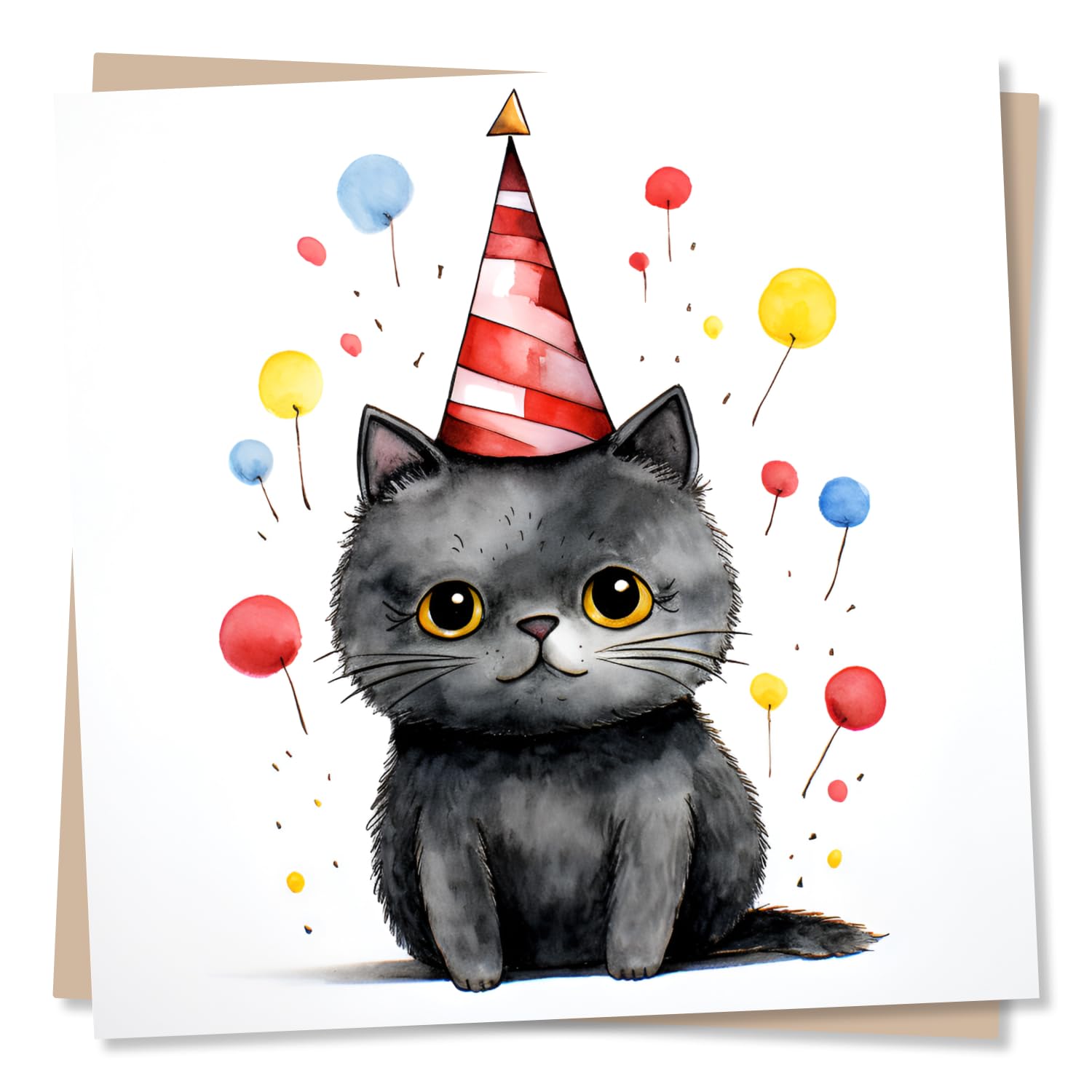 Cute Cat Birthday Card - Cat and Party Hat Painting - Blank Greetings ...