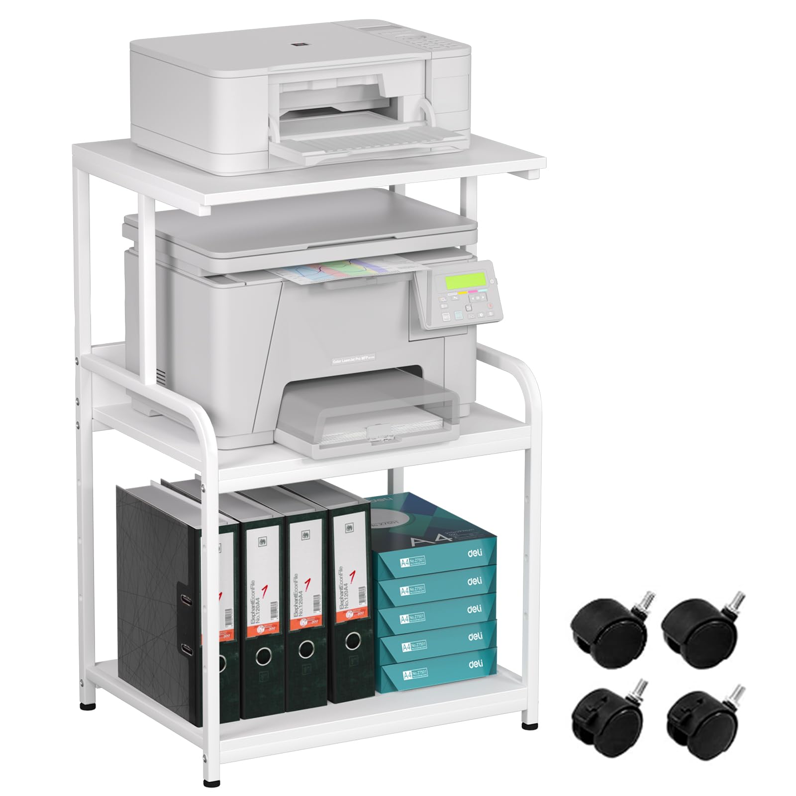 3-Tier Printer Stand, Large Printer Table on Wheels, Movable Printer ...