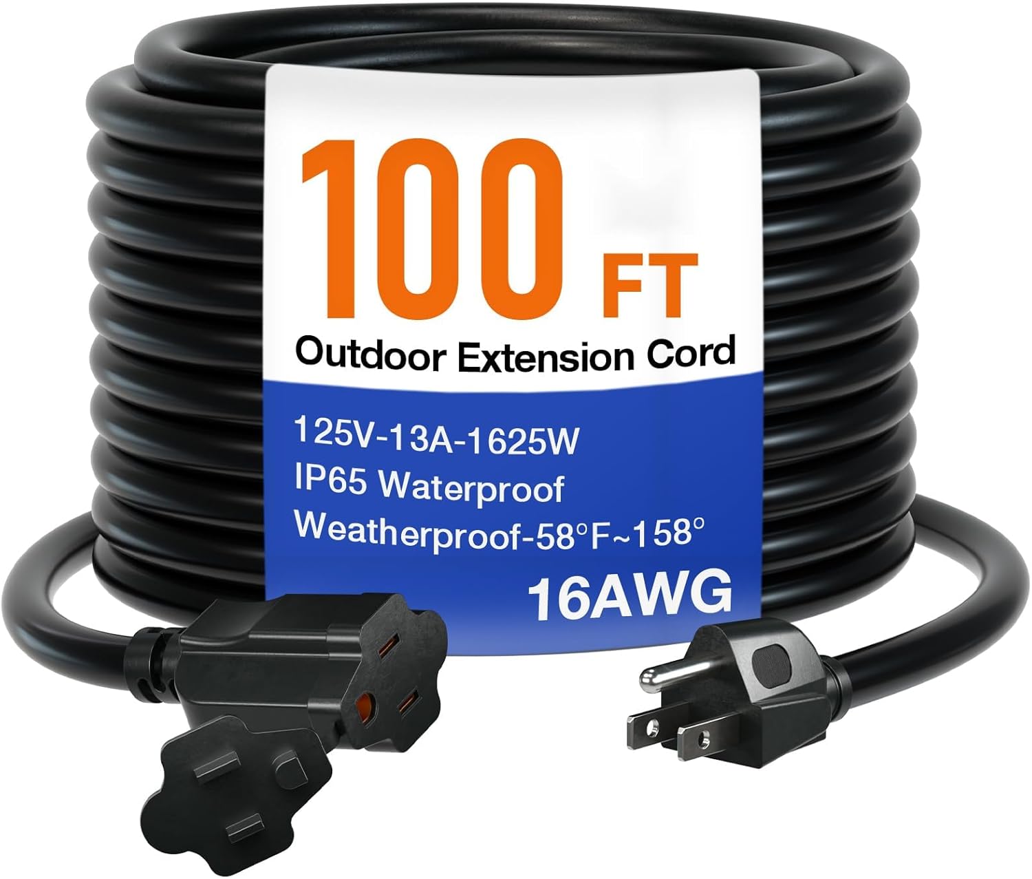 100 Feet Outdoor Extension Cord Waterproof, Black 16/3 SJTW Heavy Duty ...