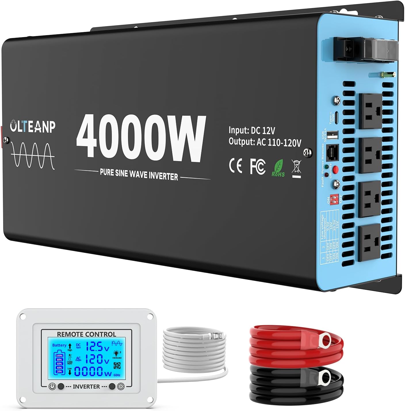 Amazon.com: 4000W Pure Sine Wave Inverter, 12V DC to 110/120V AC, 9 ...