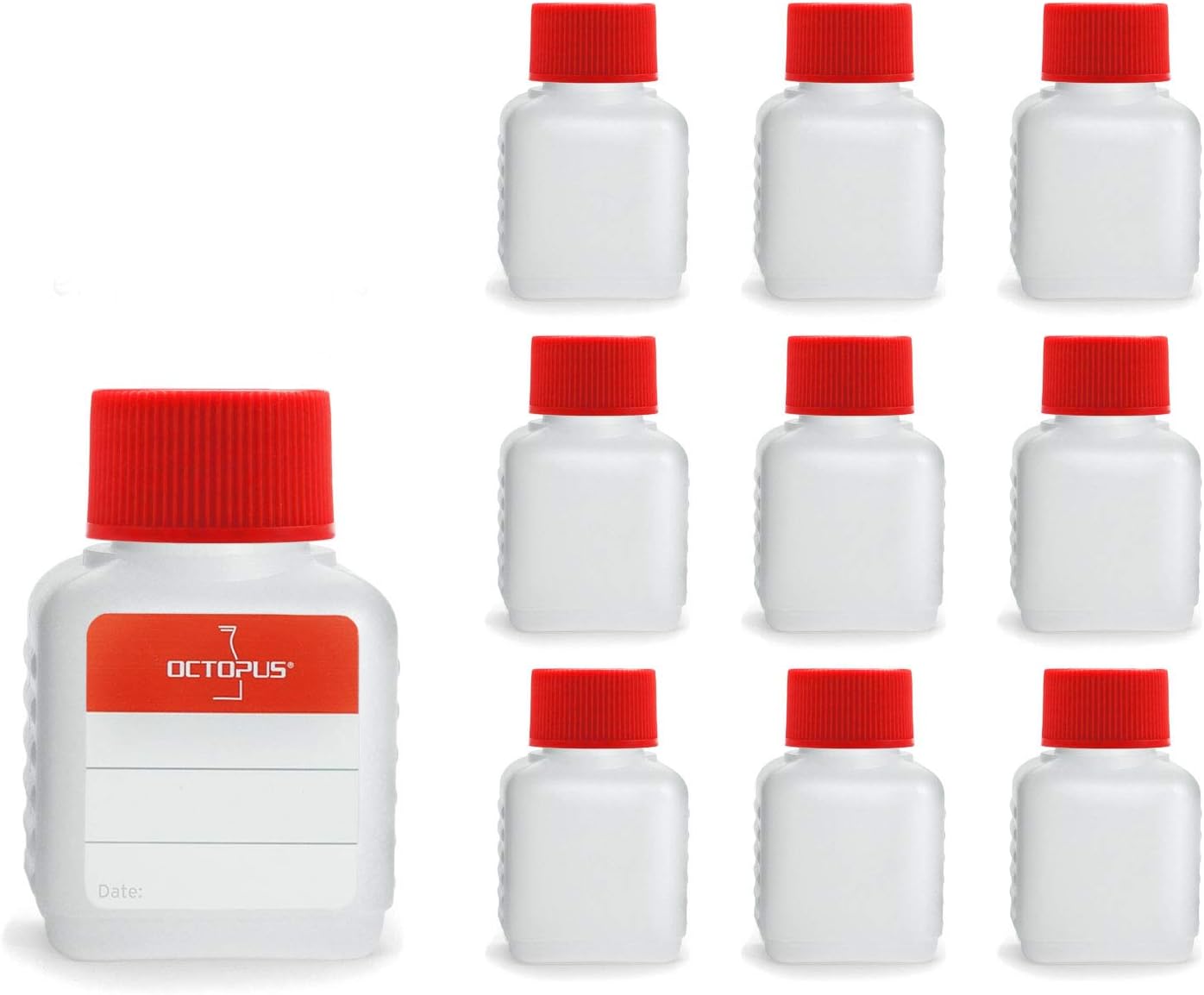 Octopus 10 x 50 ml plastic bottles, HDPE plastic bottles with red screw ...