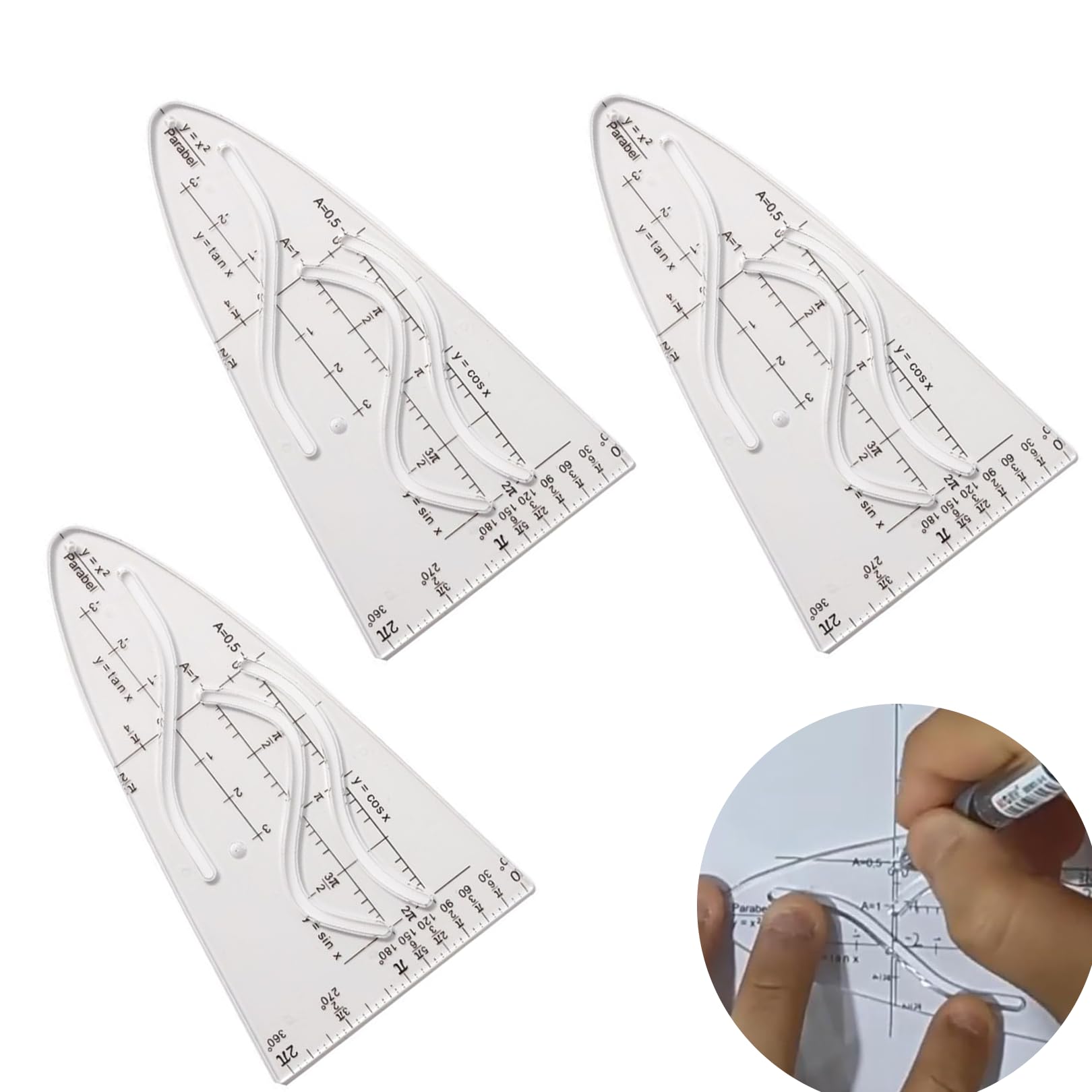 Set of 3 stencils, parabola drawing stencil, sinus cosine tangent ...