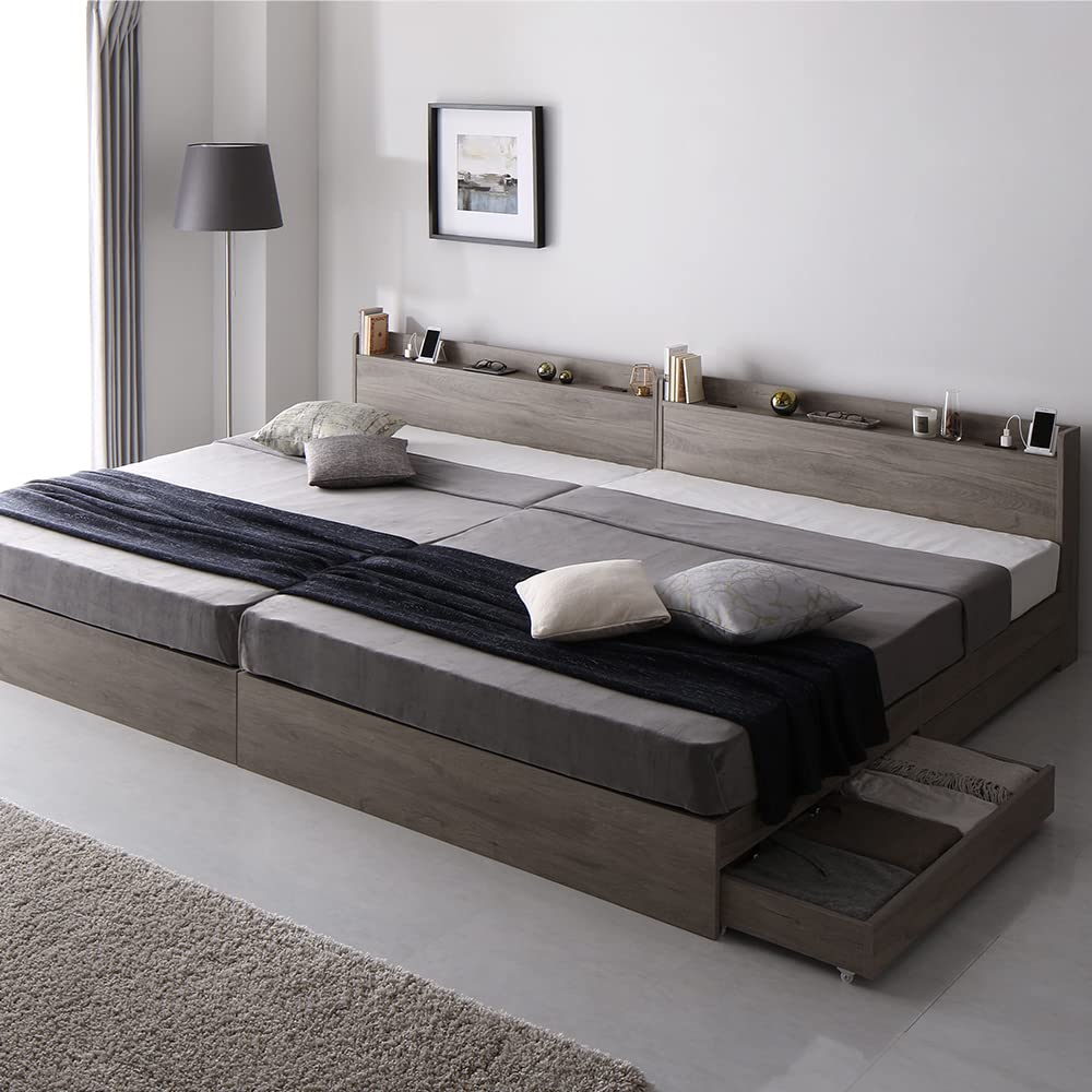 Amazon｜RASIK ベッド ワイドキング200(シングル+シングル) フレームのみ グレージュ 収納付き コンセント 棚 お客様組立 Absol アブソル｜ベッドフレーム オンライン通販