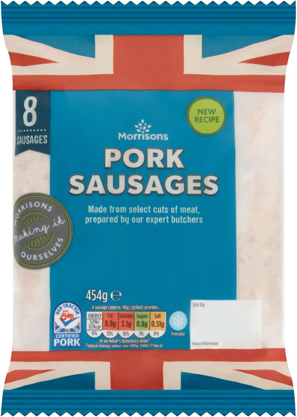 Morrisons The Butcher's On Market Street 8 Pork Sausages, 454g : Amazon ...