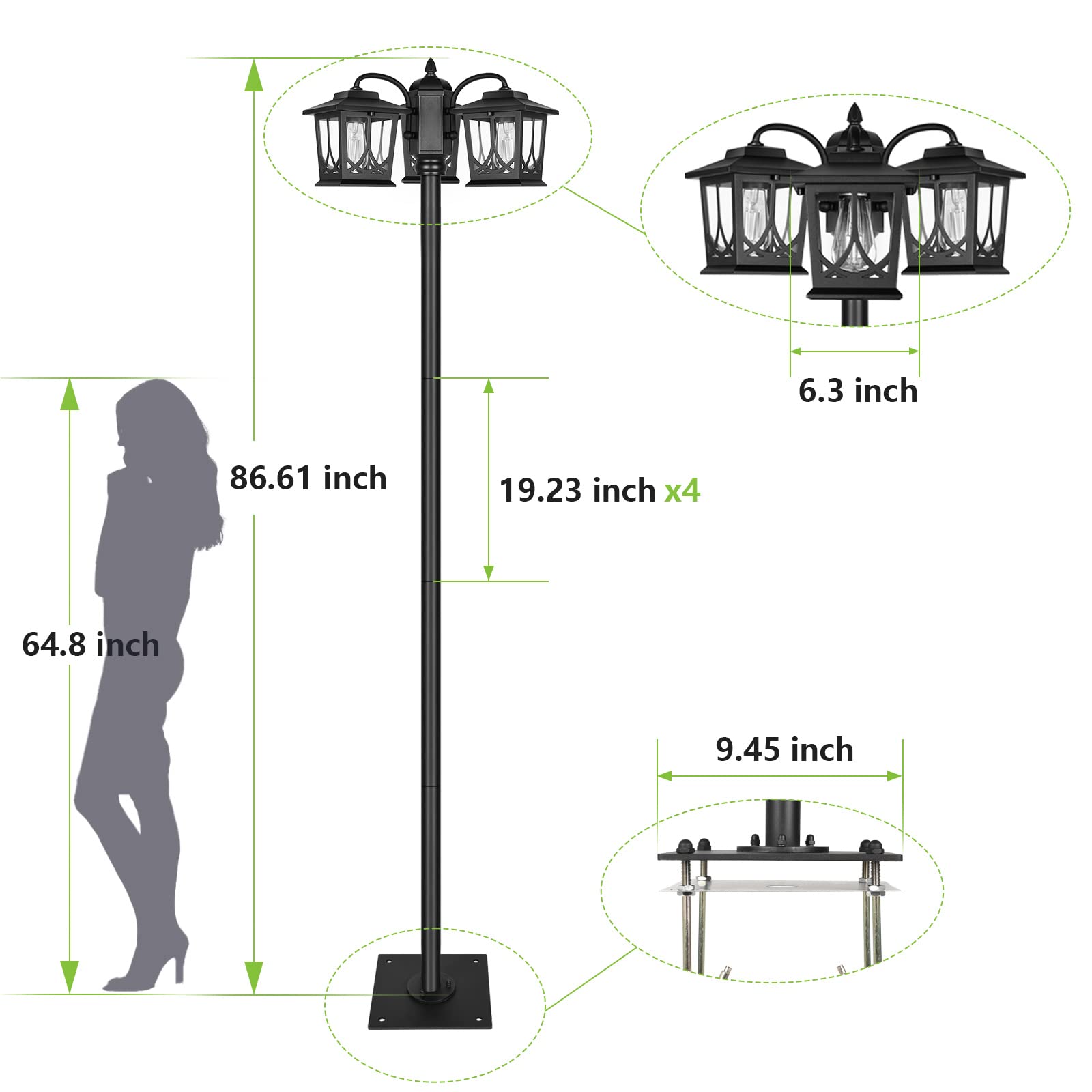 Outdoor Post Lights, 3-Head Outdoor Street Light Waterproof Antique LED ...