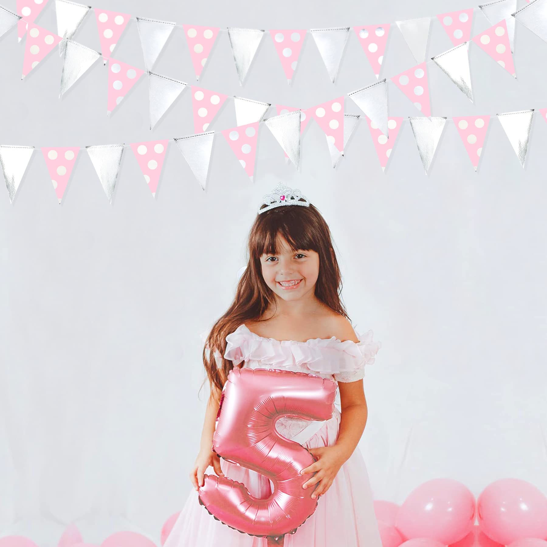 Snapklik.com : 30 Ft Silver Pink Polka Dot Pennant Banner Blush Paper ...
