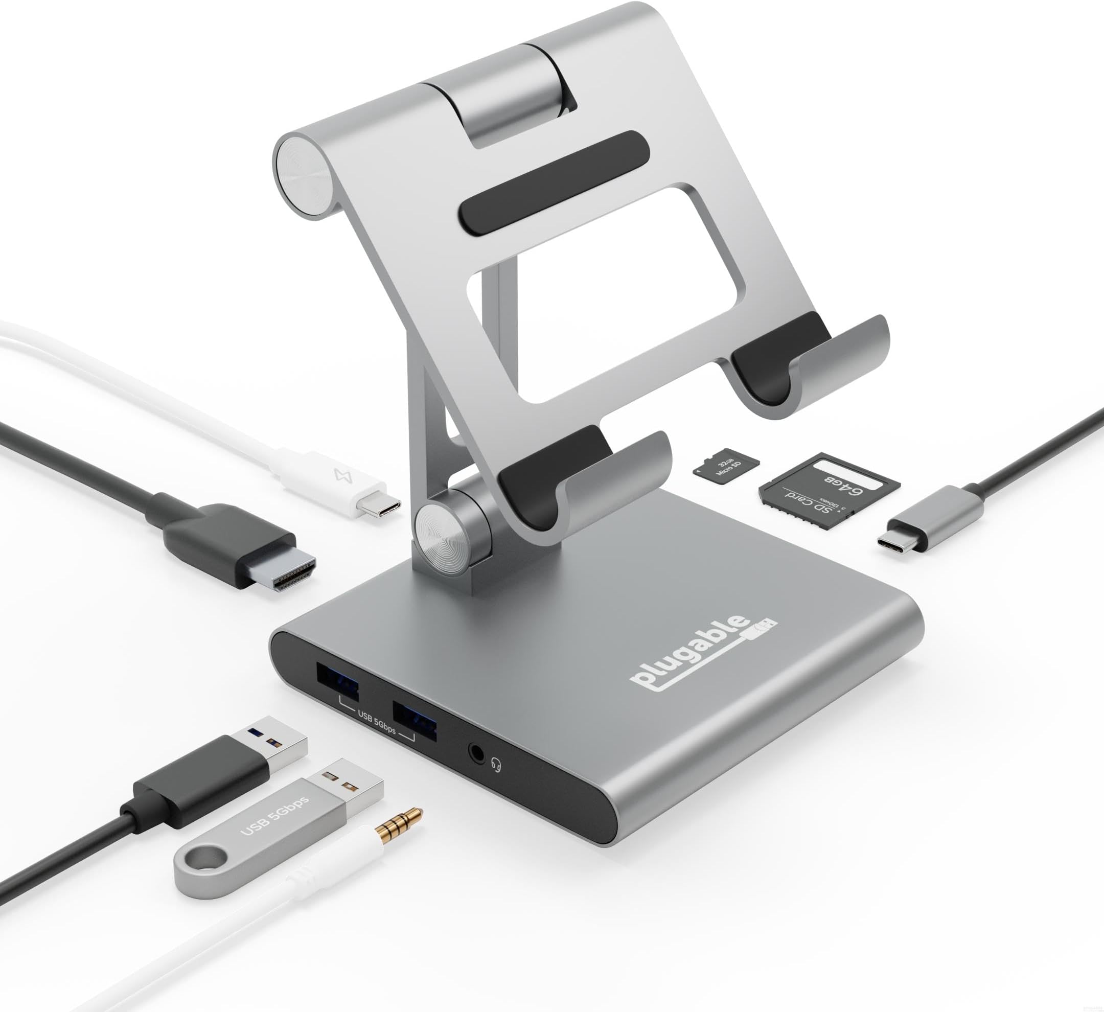 Plugable 8-in-1 USB C Hub for iPad with Stand, 100W Pass-Through Charging, USB C Docking Station ...