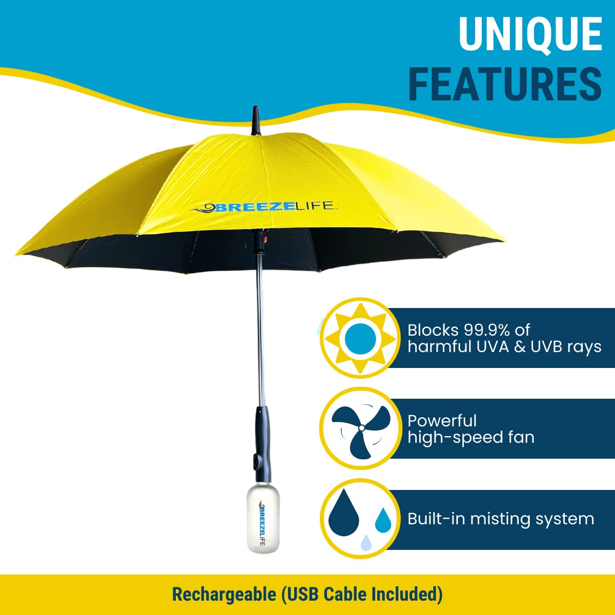 Breeze Life Sun Umbrella with Misting Fan, Rechargeable UPF 50 ...