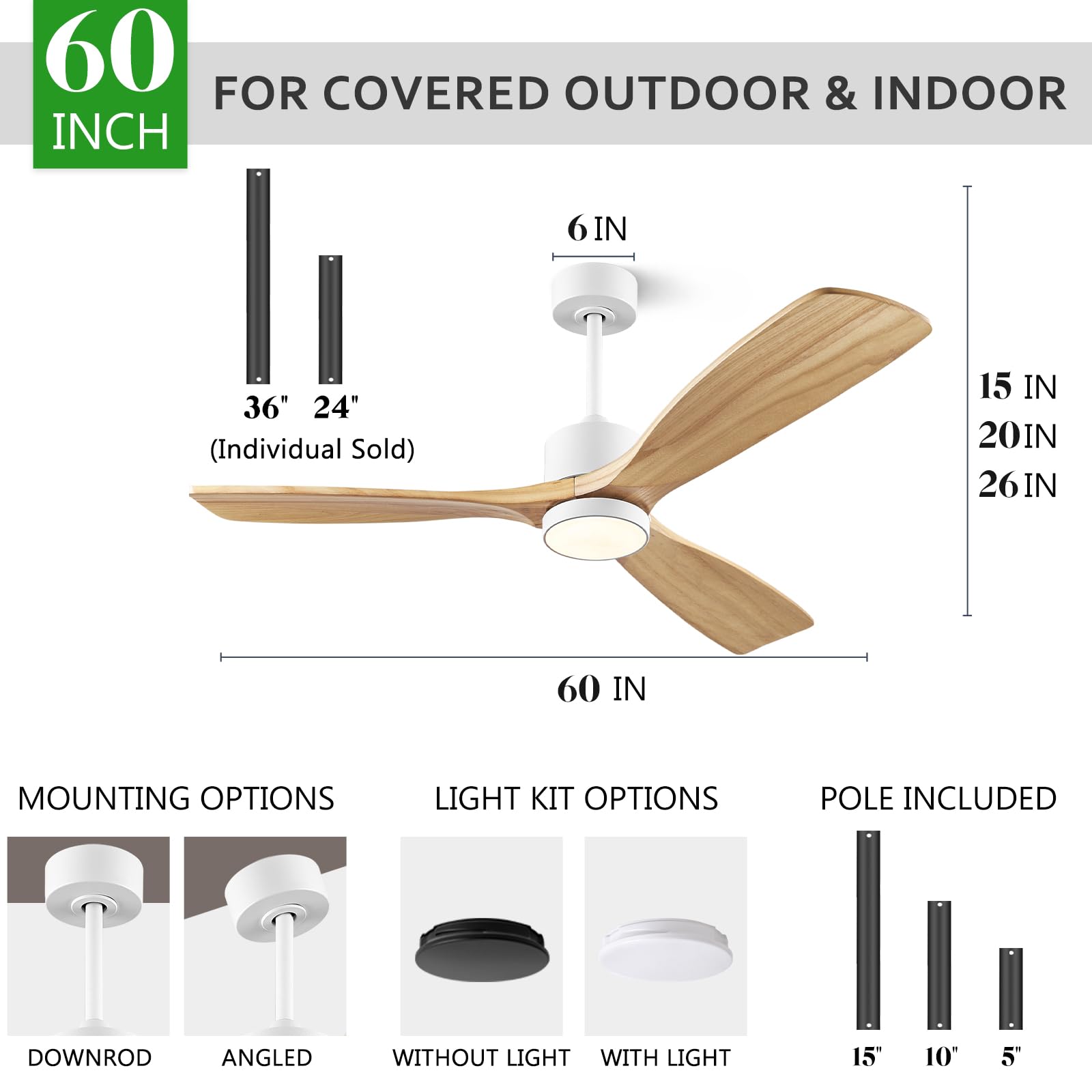 Eliora 60 inch Ceiling Fans with Lights and Remote Control, Outdoor ...