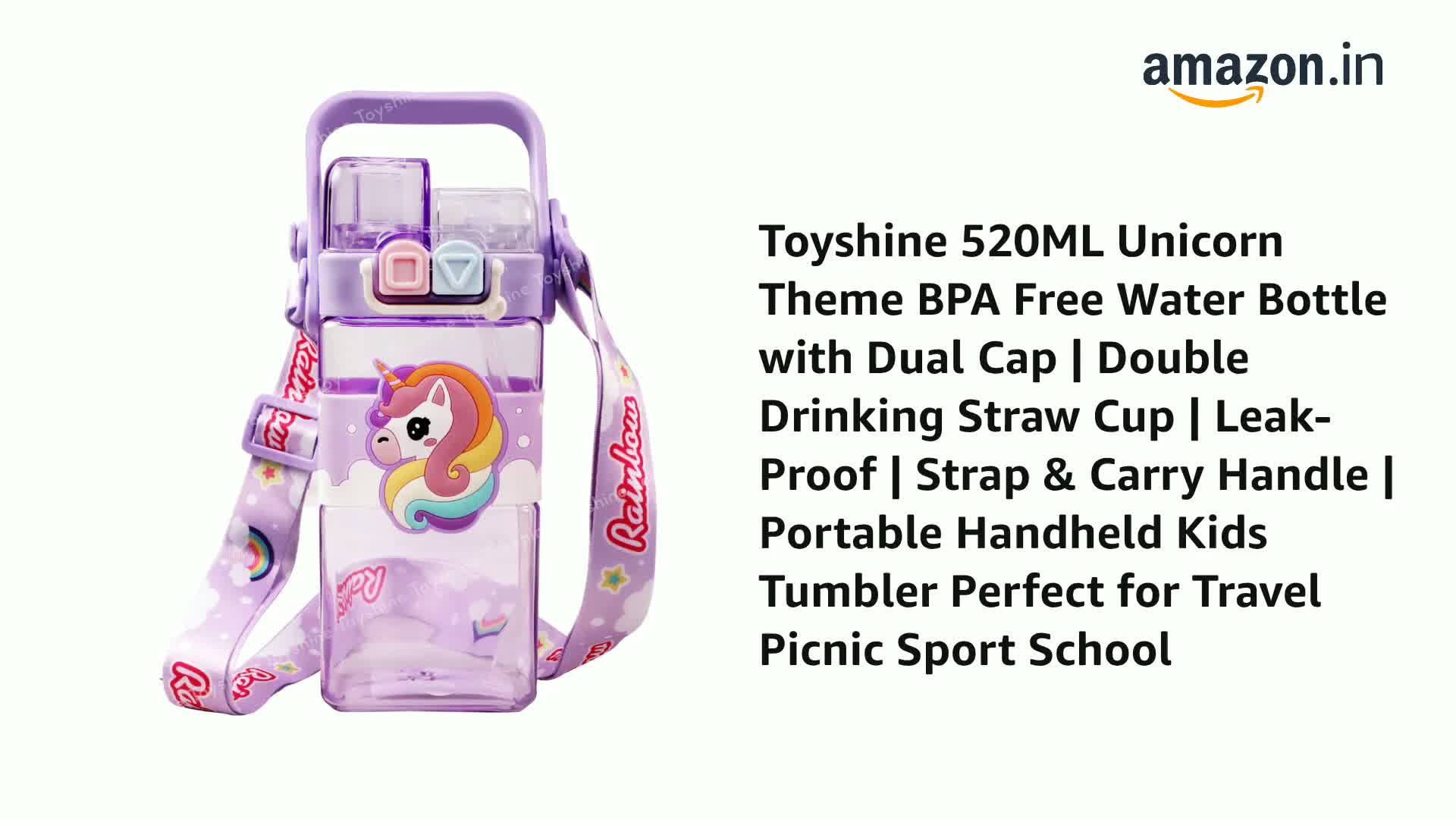 Watch Toyshine 520ML Unicorn Theme BPA Free Water Bottle with Dual Cap | Double Drinking Straw ...