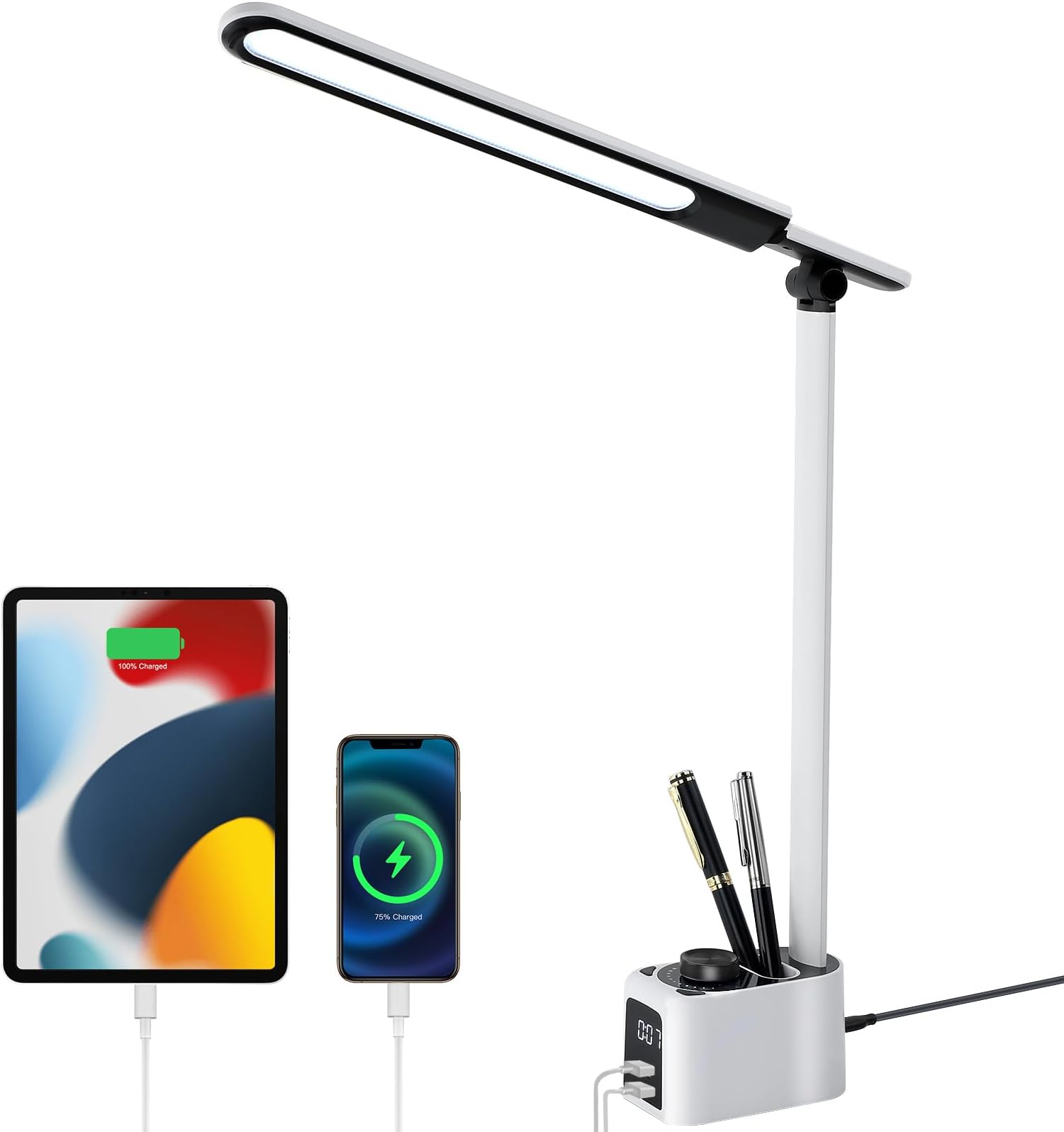 Mubarek LED Desk Lamp, Adjustable Bright Table Lamp with Clock, Desk ...
