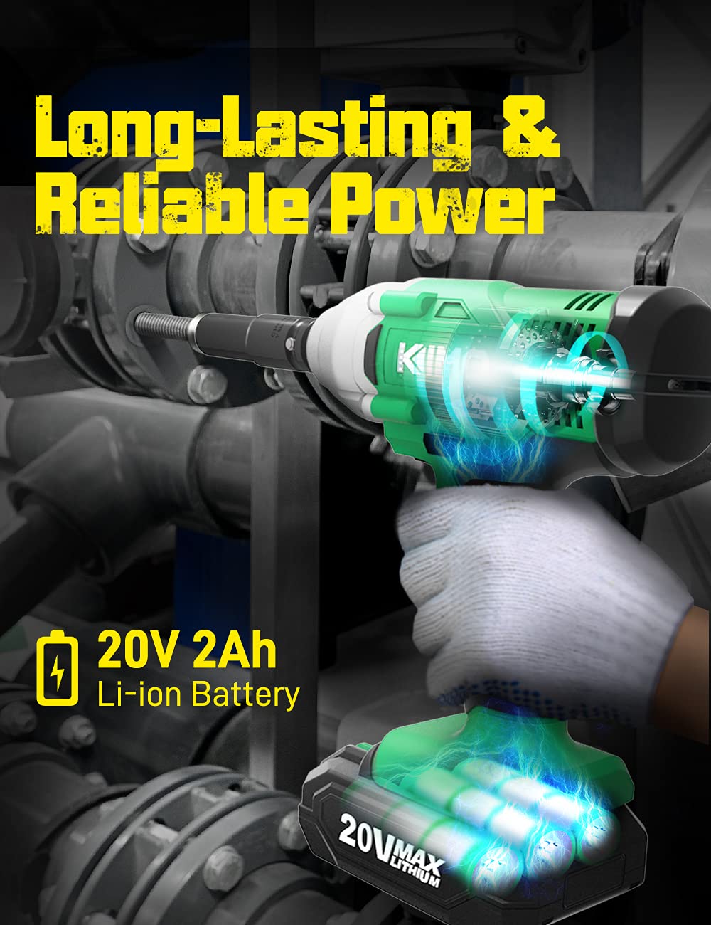 KIMO 20V Cordless Impact Wrench 1/2 inch, 2000 In-Lbs Torque 3400 IPM ...