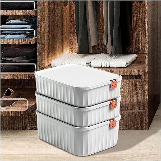 Jukkre cloth storage box pack of 3 Plastic Storage Bins with Lid, White ...