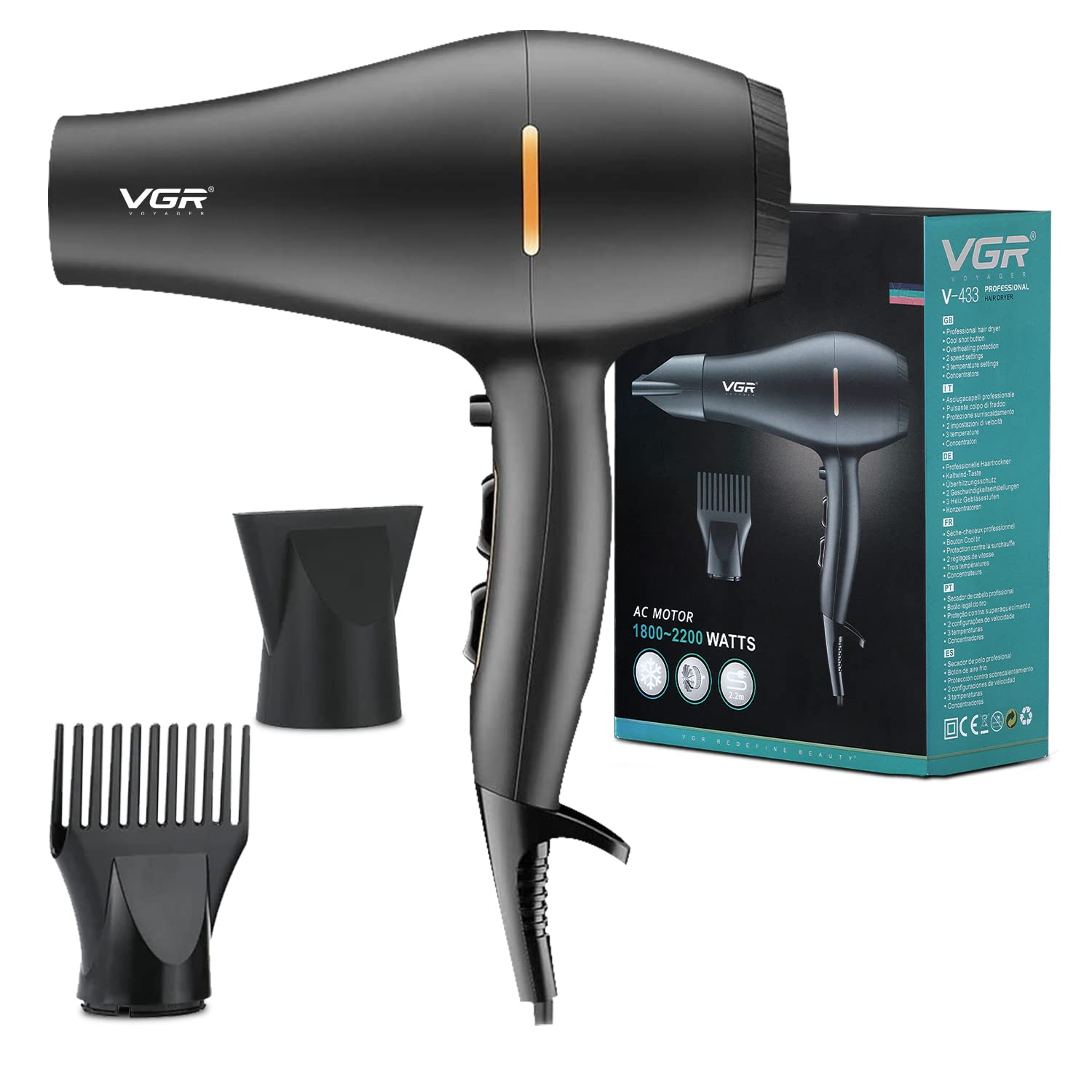 VGR V-433 Professional Hair Dryer with 2 Speed & 3 Temperature settings (Ac Motor 2200 Watt ...