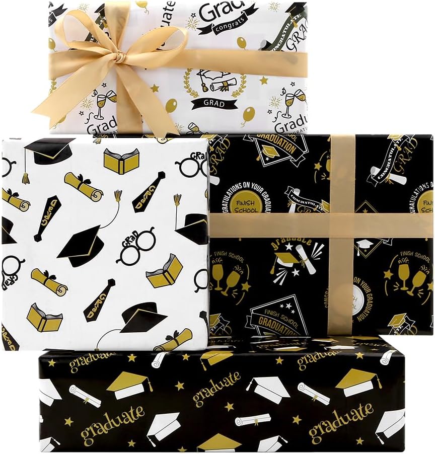 Amazon.com: Graduation Wrapping Paper 4 PCS 4 Designs,Black White Gold ...