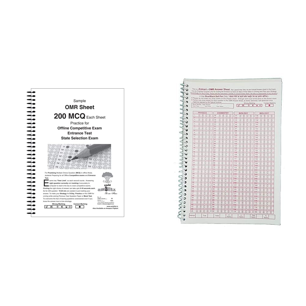 amblitz OMR Sheet, 50 Sheet of 200 MCQ's Spiral Notebook (A4, Pack of 2 ...