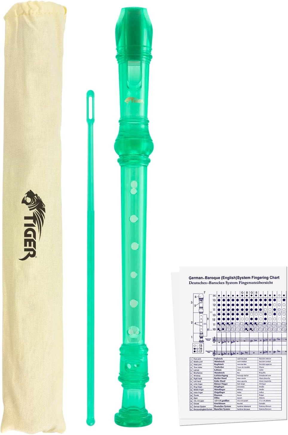 TIGER REC7-GR Descant/Soprano School Recorder with Bag, Cleaning Rod ...