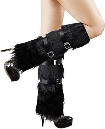 QZUnique Faux Fur Leg Warmer with PU Belt Warm Furry Winter Boot Cuff ...