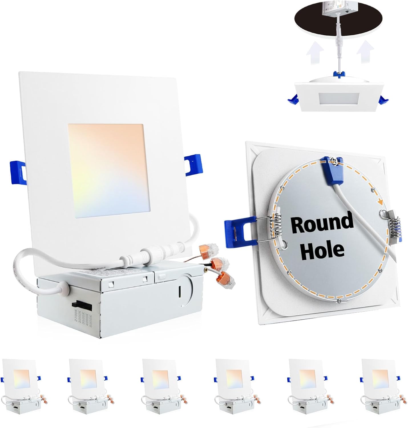 Adetu 4 inch Square Led Recessed Lighting,6 Pack 5CCT Ultra Thin Square ...