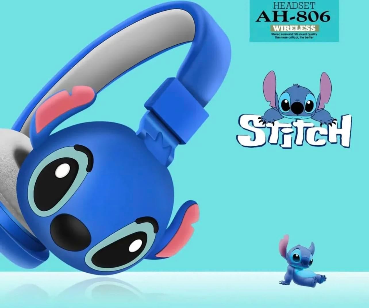 AH-806 Kids Bluetooth Wireless Stitch Headphone 3D Stitch Ears Kids Over Ears Headset Soft Ear ...