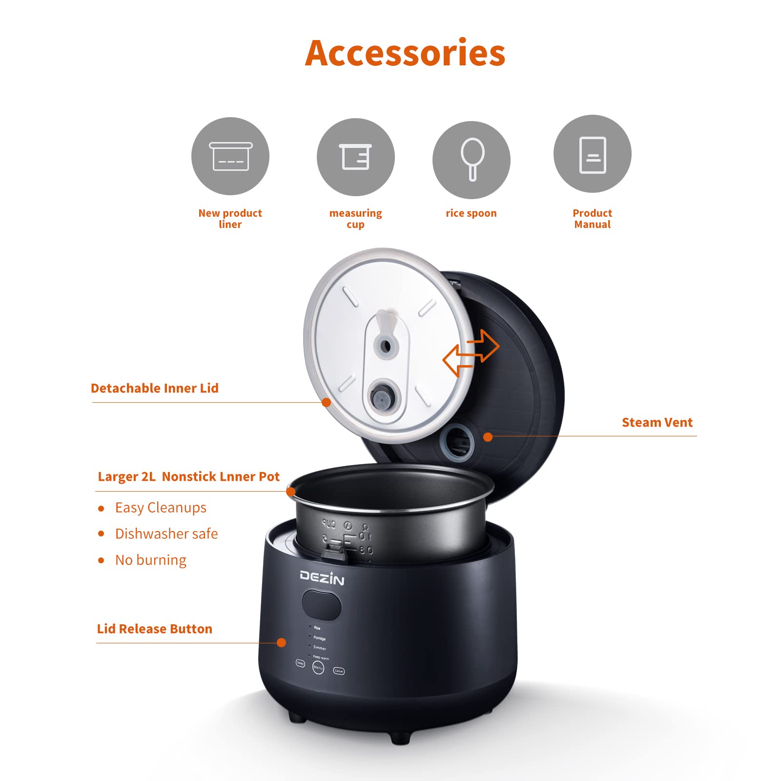 Dezin Rice Cooker 4 Cups Uncooked, Small Rice Cooker Steamer with ...