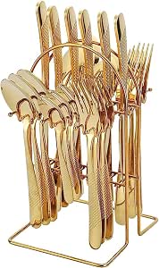 Gilded Silverware Set, 24 Piece Cutlery Set with Holder, Service for 6 ...