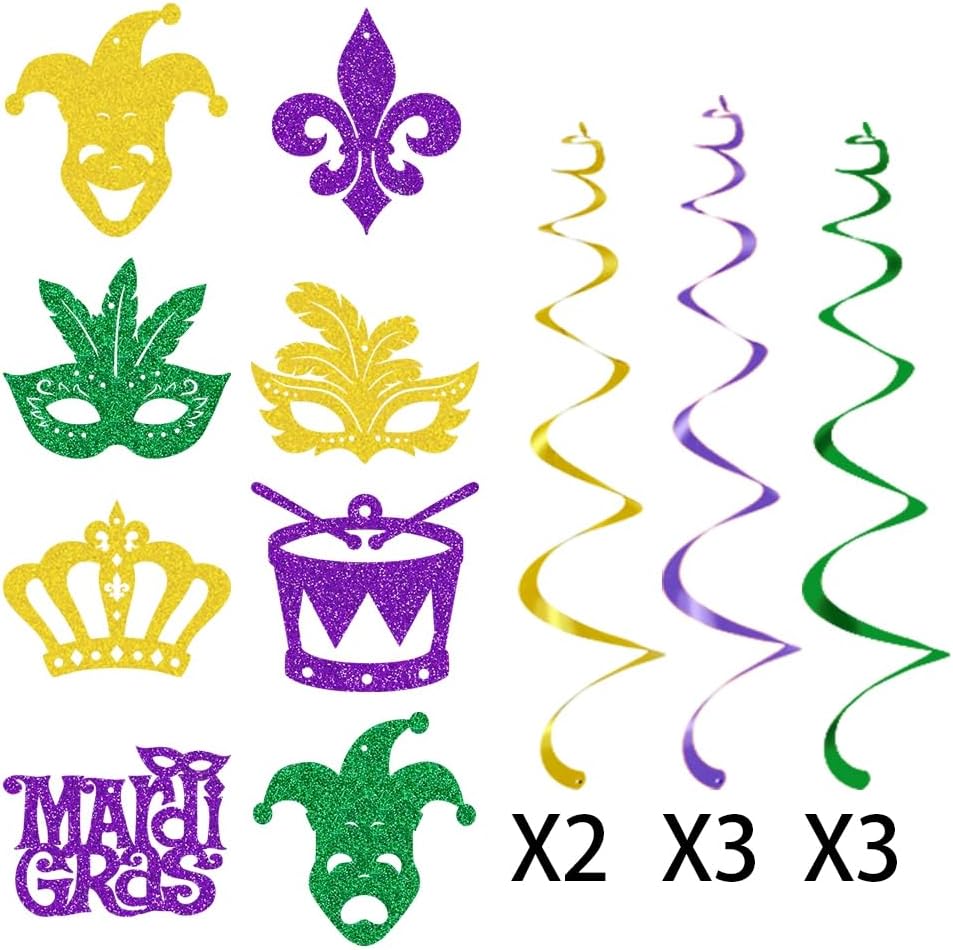 Decoraciones de fiesta de Mardi Gras con purpurina, pancarta de Mardi Gras, flor de lis ...