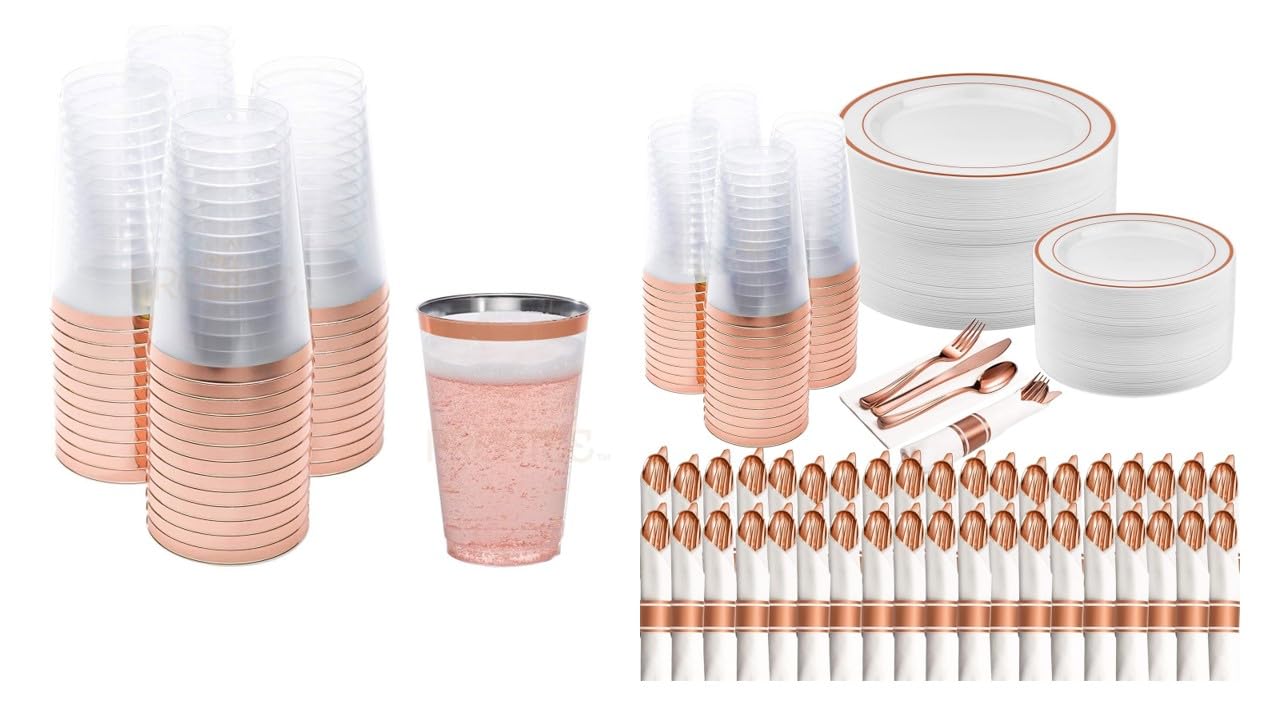 Amazon.com: Prestee 400 Piece Disposible Rose Gold Dinnerware Set for ...