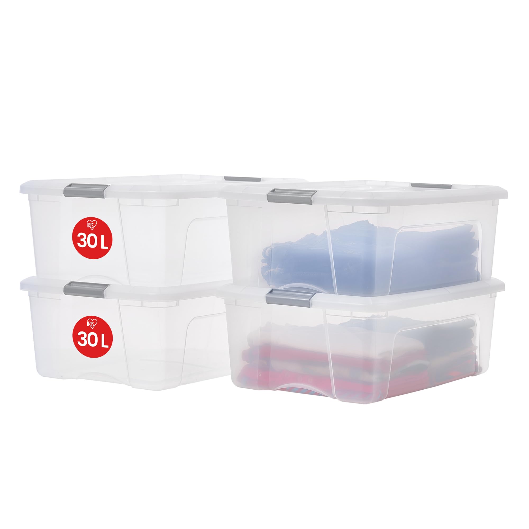 Iris Ohyama Storage Boxes with Lids, 30L, Set of 4, Silver, Secure ...