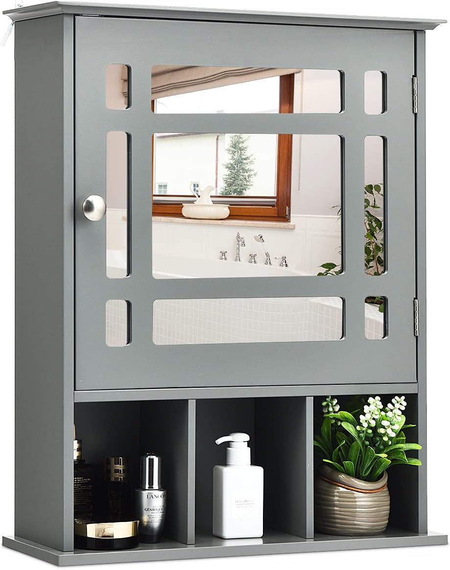 COSTWAY Mirror Door Cabinet, Wall Mounted Display Shelving Unit with ...