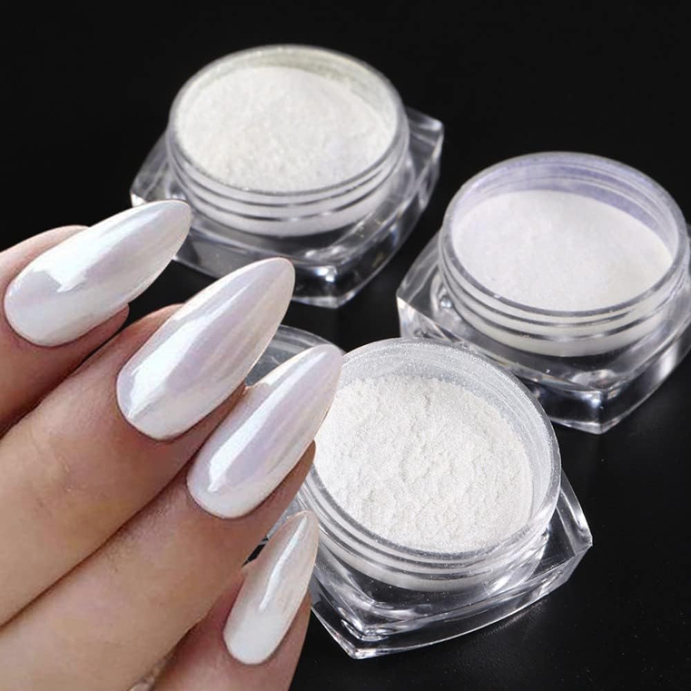 Amazon.com: GZMAYUEN White Pearl Chrome Nail Powder, Mirror Effect ...