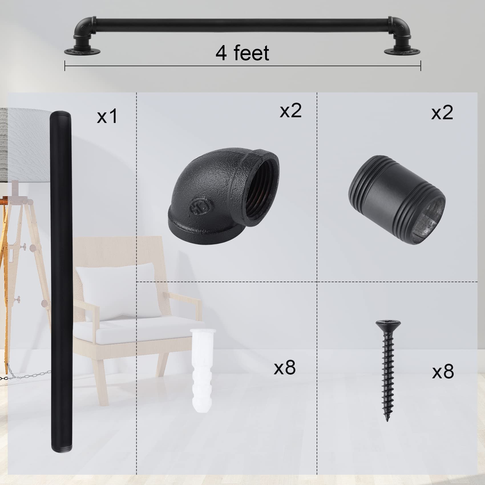 Rectoo Pipe Stair Handrail, 4 Ft Metal Staircase Handrail, Black ...