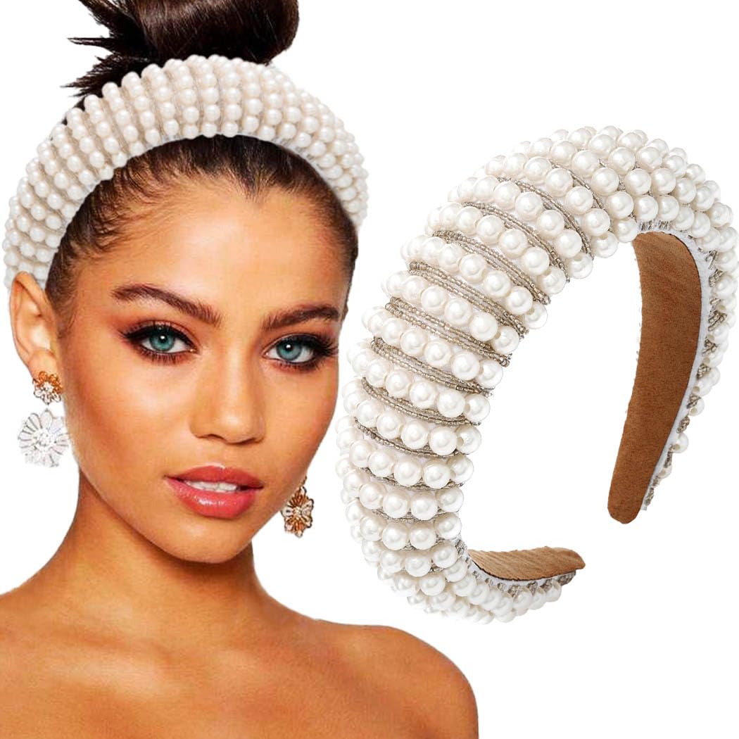 Amazon.com : Bouory White Pearl Headbands Glitter Rhinestone Hairbands ...