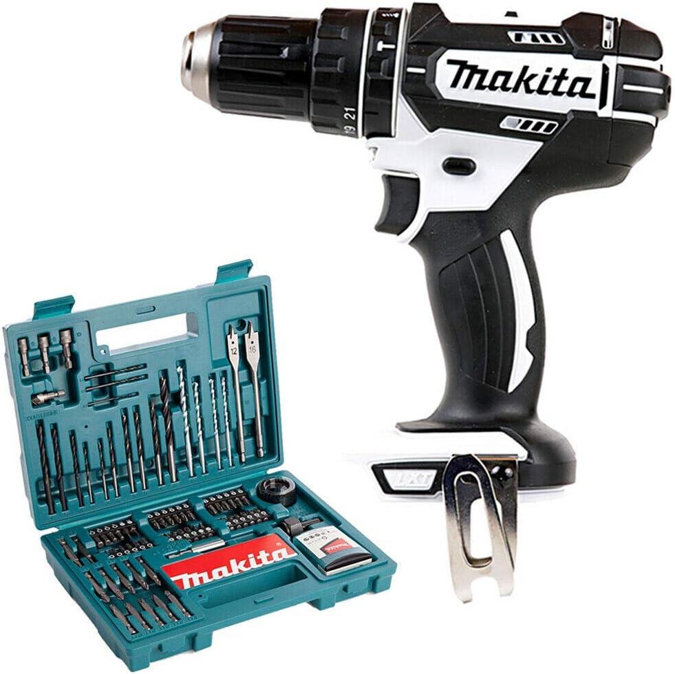 Makita DHP482 18V White Combi Drill with B-53811 100Pcs Drill ...
