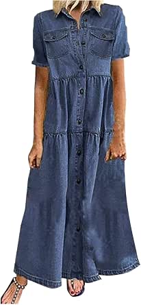 Amazon.com: Women's Vintage Short Sleeve Blue Jean Shirt Dress Button ...