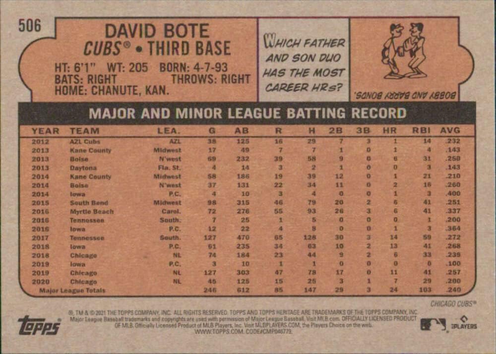 2021 Topps Heritage High Number Baseball #506 David Bote Chicago Cubs ...