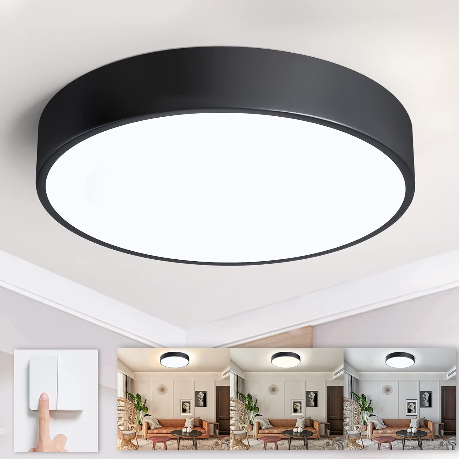 12 Inch LED Flush Mount Ceiling Light Fixtures,24W Matte Black Round ...